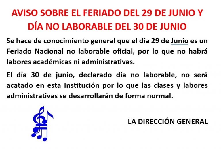 Aviso sobre feriado y día no laborable – Conservatorio Trujillo | "Carlos Valderrama"